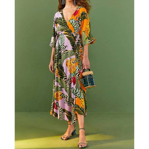FARM Rio | Dresses | New Farm Rio Mixed Stripe Bananas Maxi Wrap Dress ...
